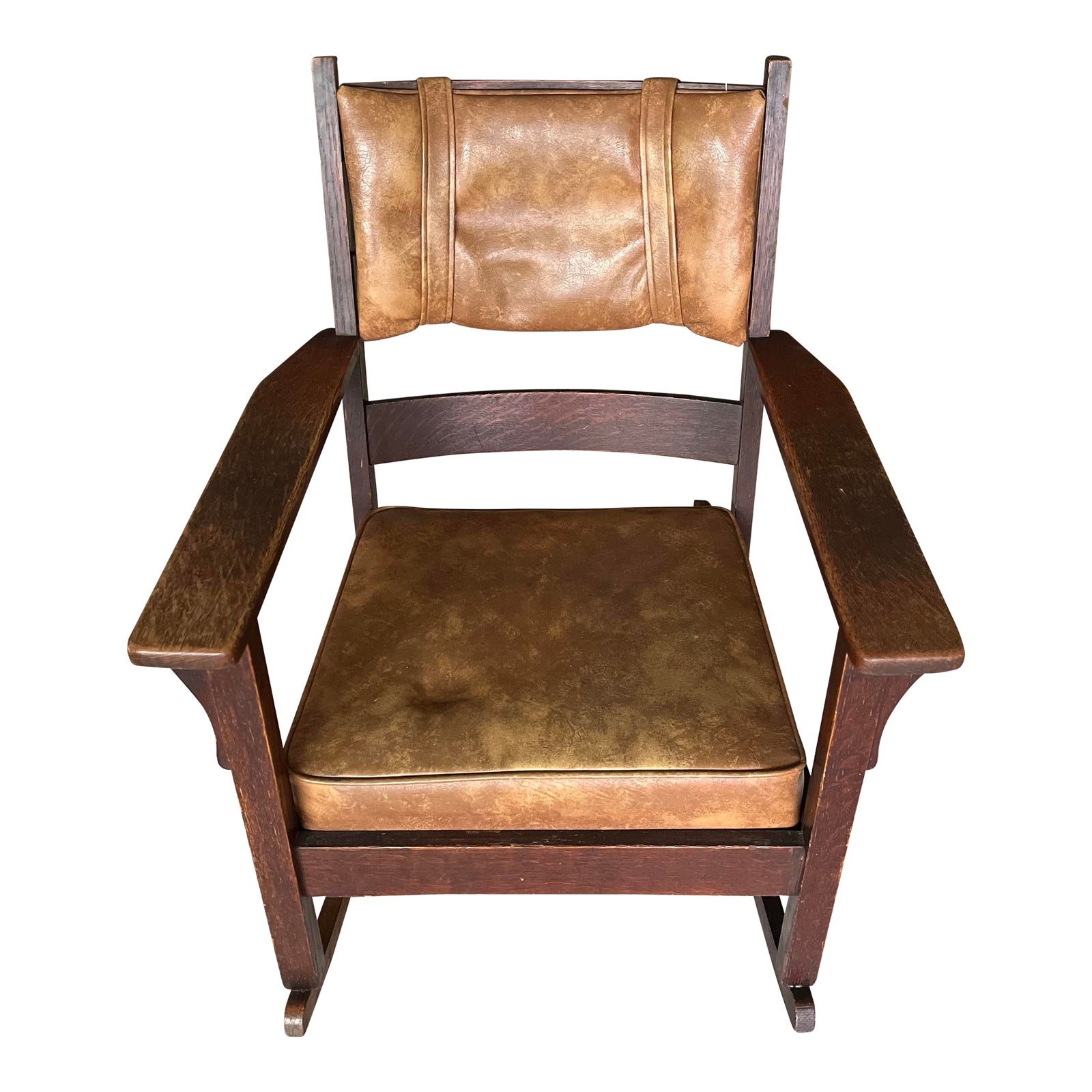 Early 20th Century Brown Leather Mission Style Rocking Chair | Chairish