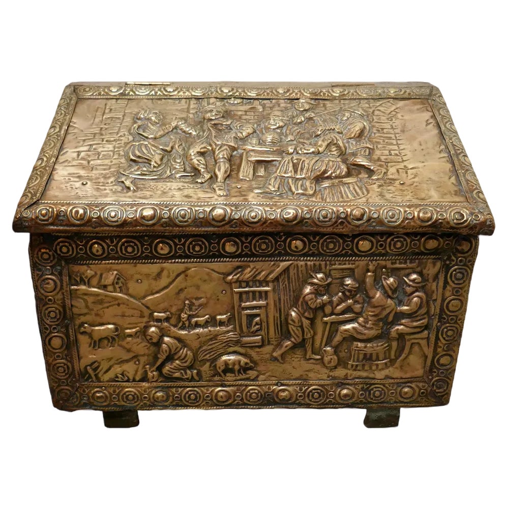 Embossed Brass Log Box with Country Scenes, 1940s | Chairish