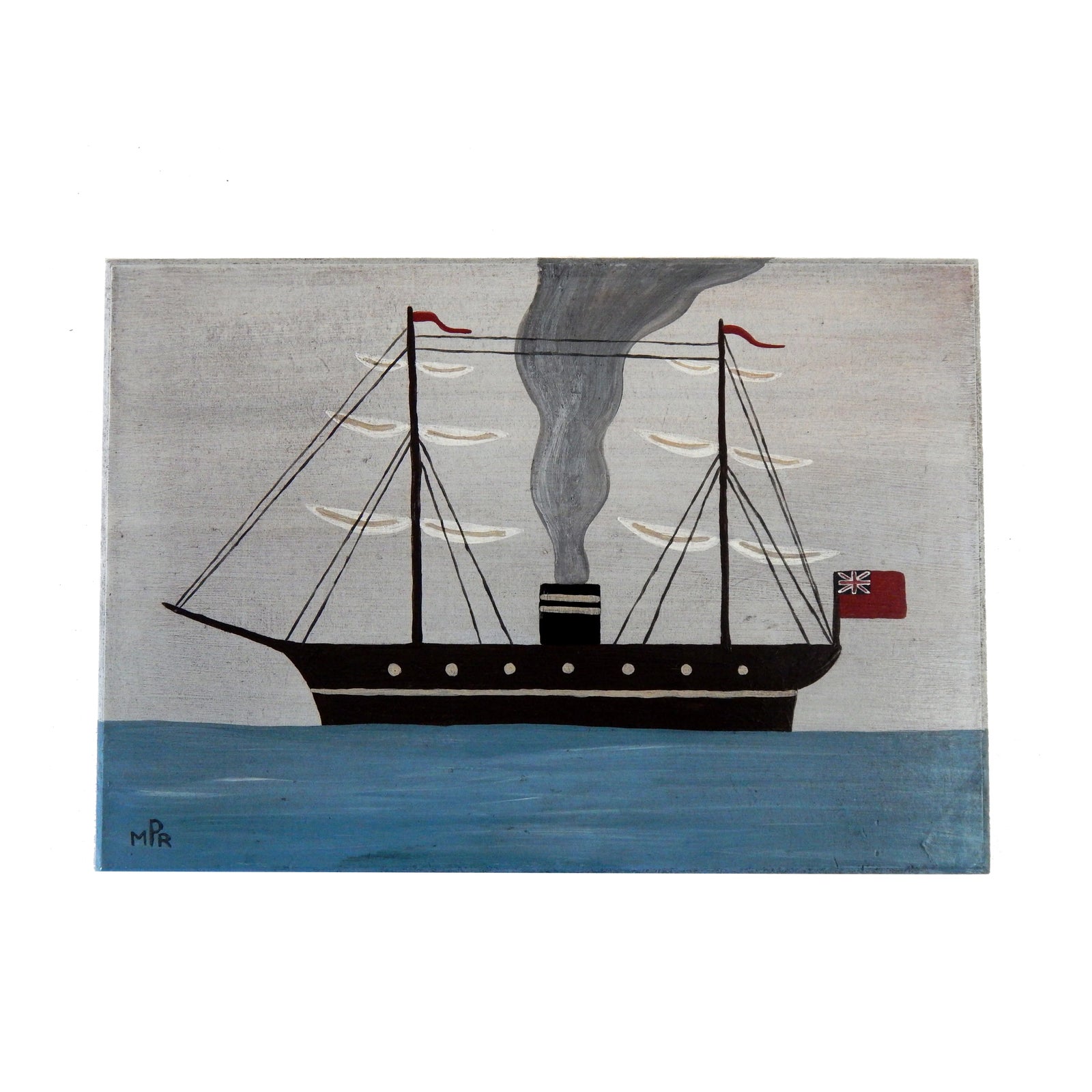 Matt Rix, Naive Style Early Steam Ship Sail Boat, Oil on Board | Chairish