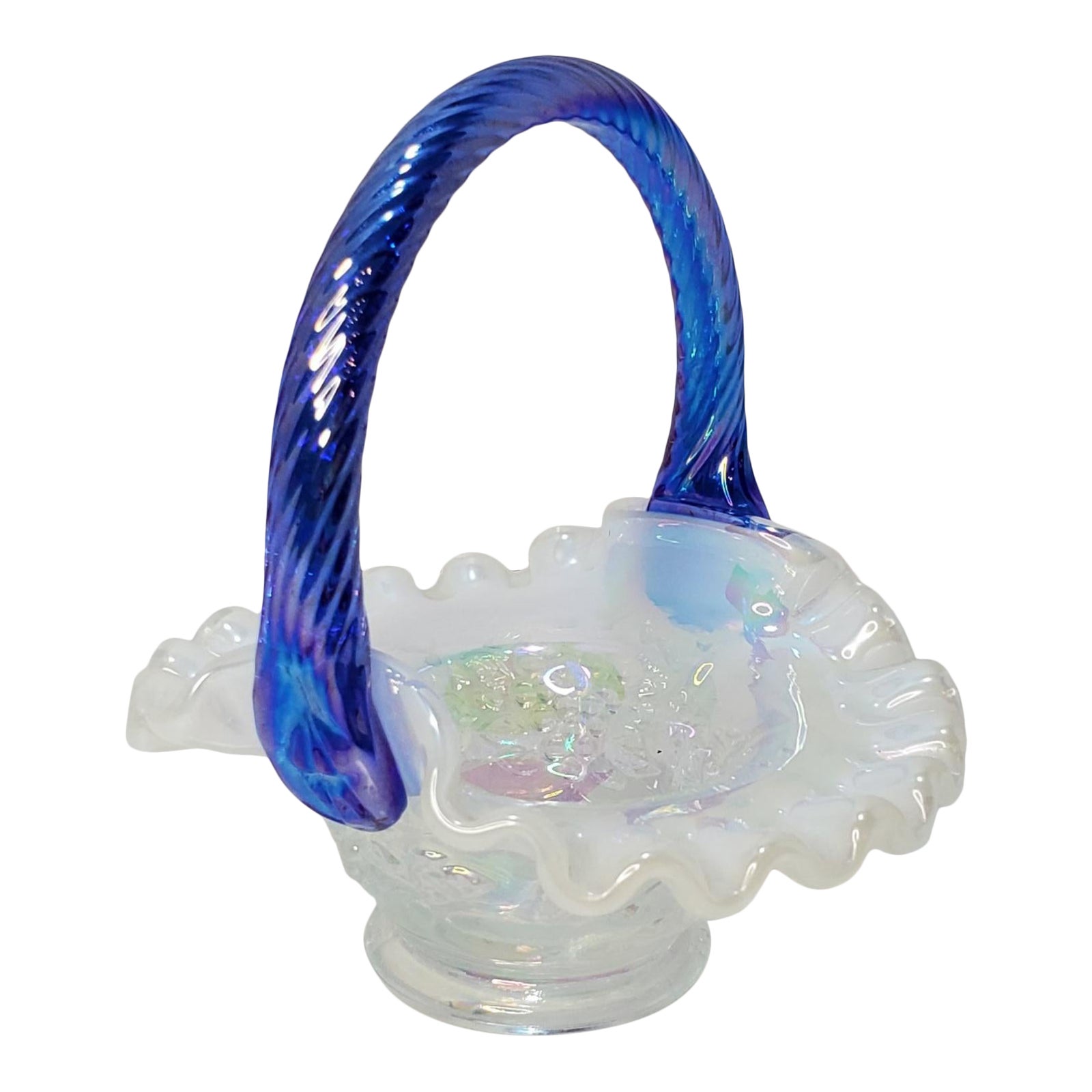 Fenton Paneled Grape Iridized Cobalt and French Opalescent Glass Basket ...