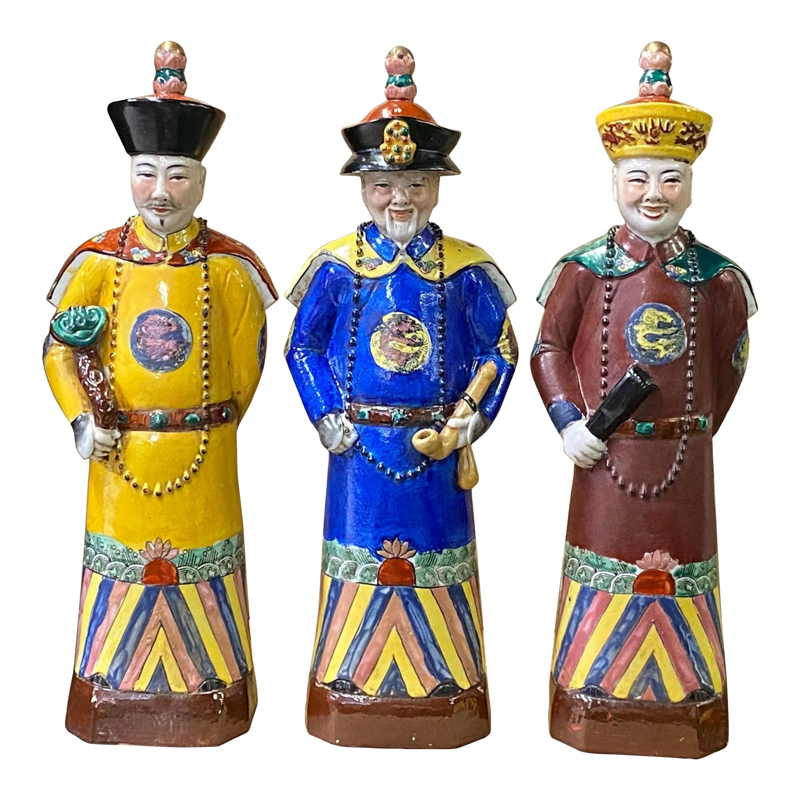 Chinese Color 3 Standing Ching Qing Emperor Kings Figure Set | Chairish