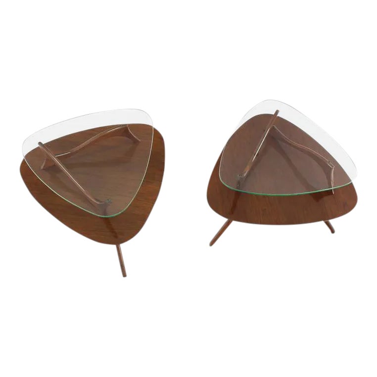 Mid-Century Modern Round Triangular Tri Legged Two-Tier Side Tables - a ...