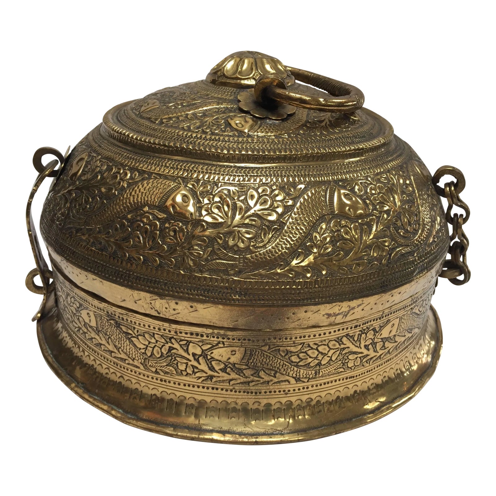Decorative Large Round Anglo-Indian Brass Box Tea Caddy | Chairish
