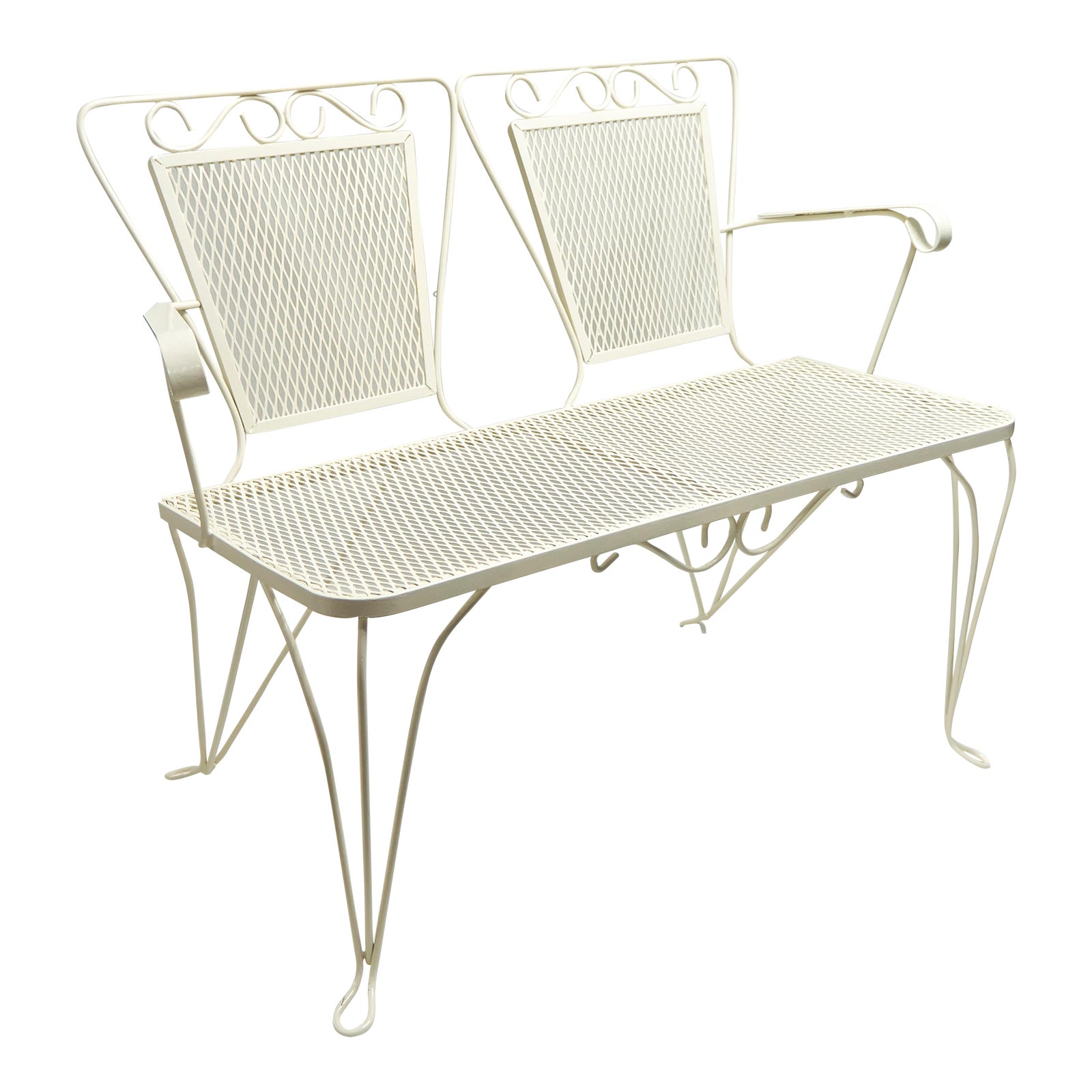 1960s Wrought Iron & Metal Mesh Garden Bench | Chairish