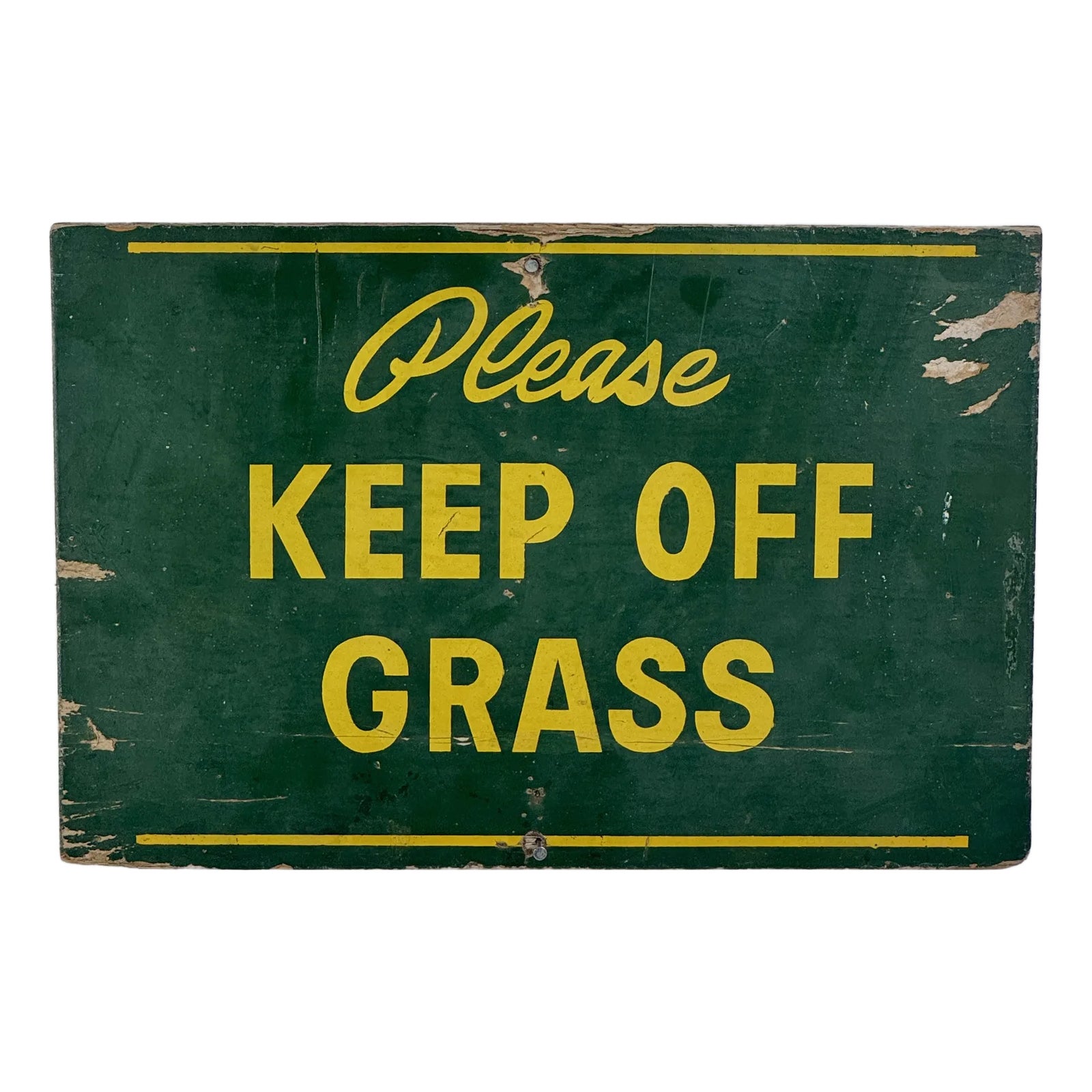 Vintage Wooden Green & Yellow "Please Keep Off Grass" Sign | Chairish
