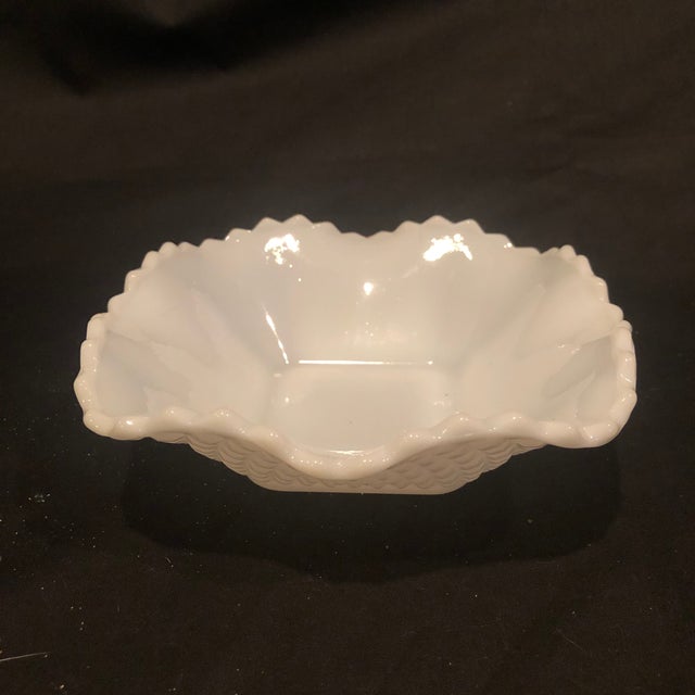 Mid-Century Milk Glass Ruffled Rim Diamond Pattern Dish | Chairish