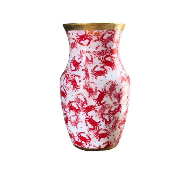 Hand Painted Red Crab Glass Vase | Chairish