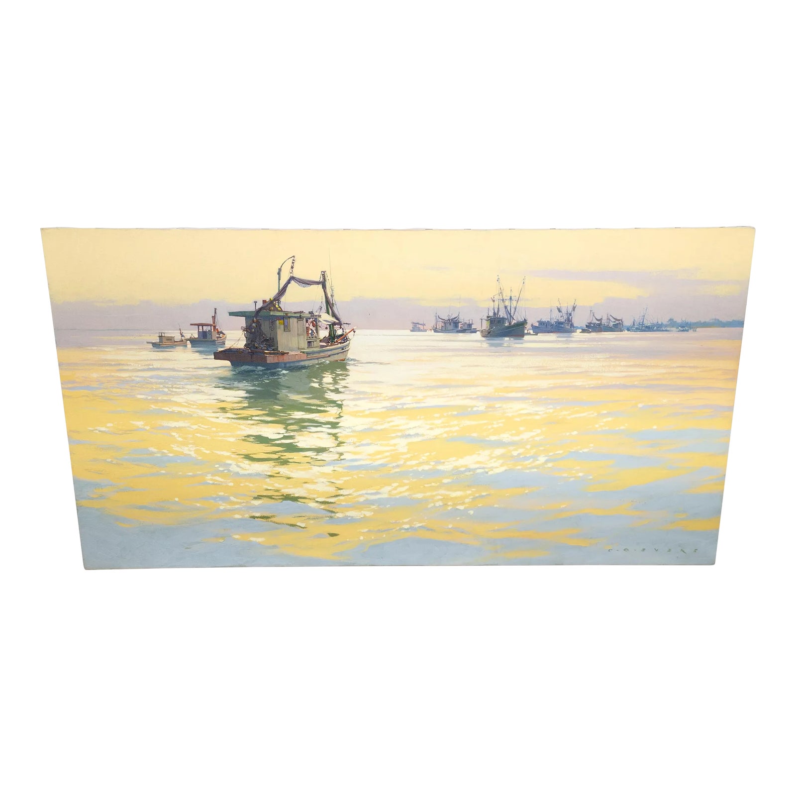 Mid 20th Century Nautical Pastel Oil Painting of Shrimp Boats by Carl G ...