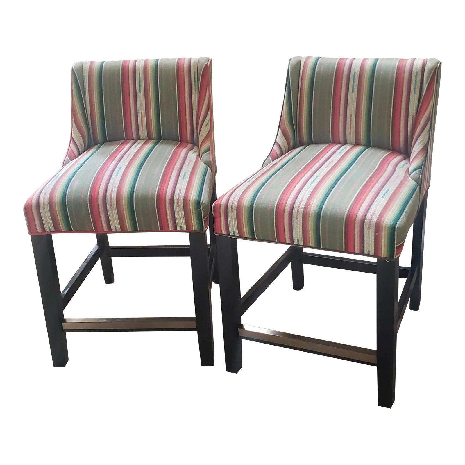 Hekman Striped Fabric Upholstered Counter Stools - Pair | Chairish