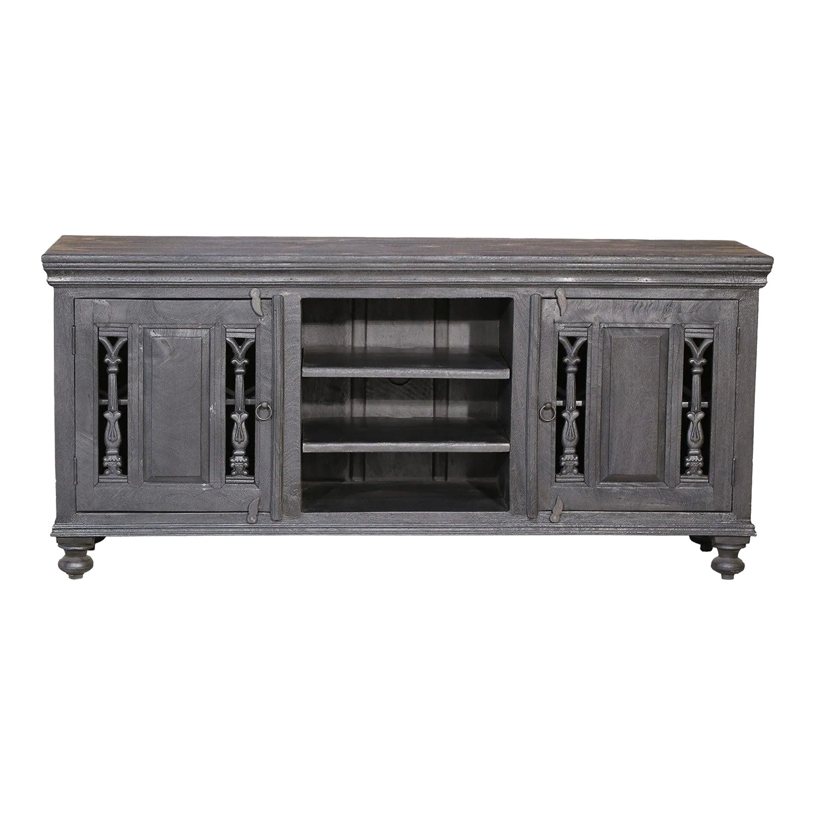 Distressed Ash Gray Finish Media Console With Grill Accents | Chairish