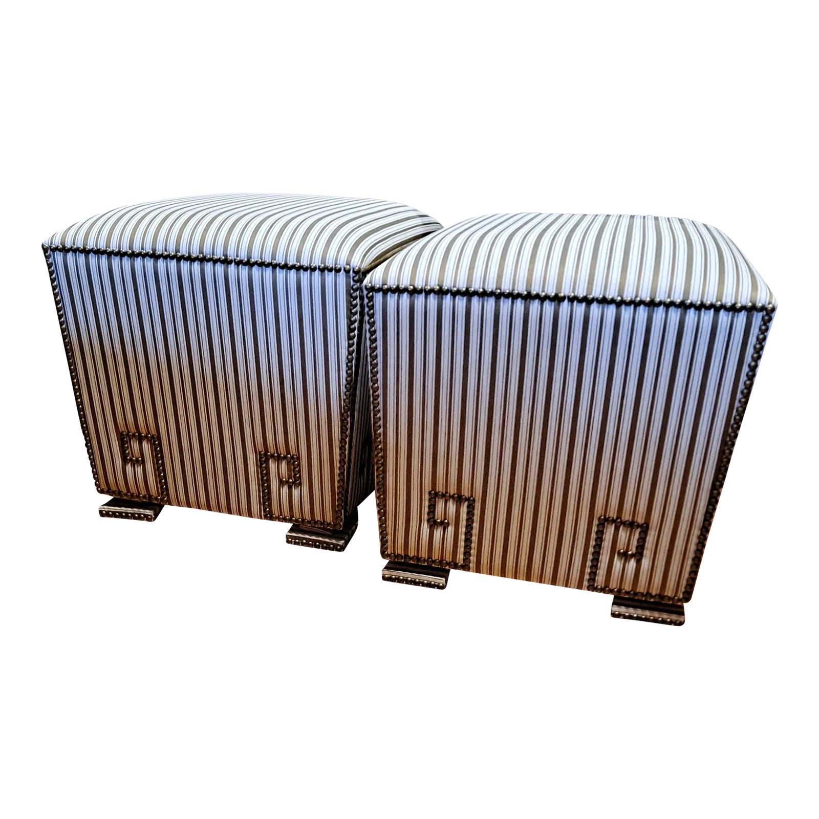 Pair of Greek Key Upholstered Ottomans by Madeleine Stuart | Chairish