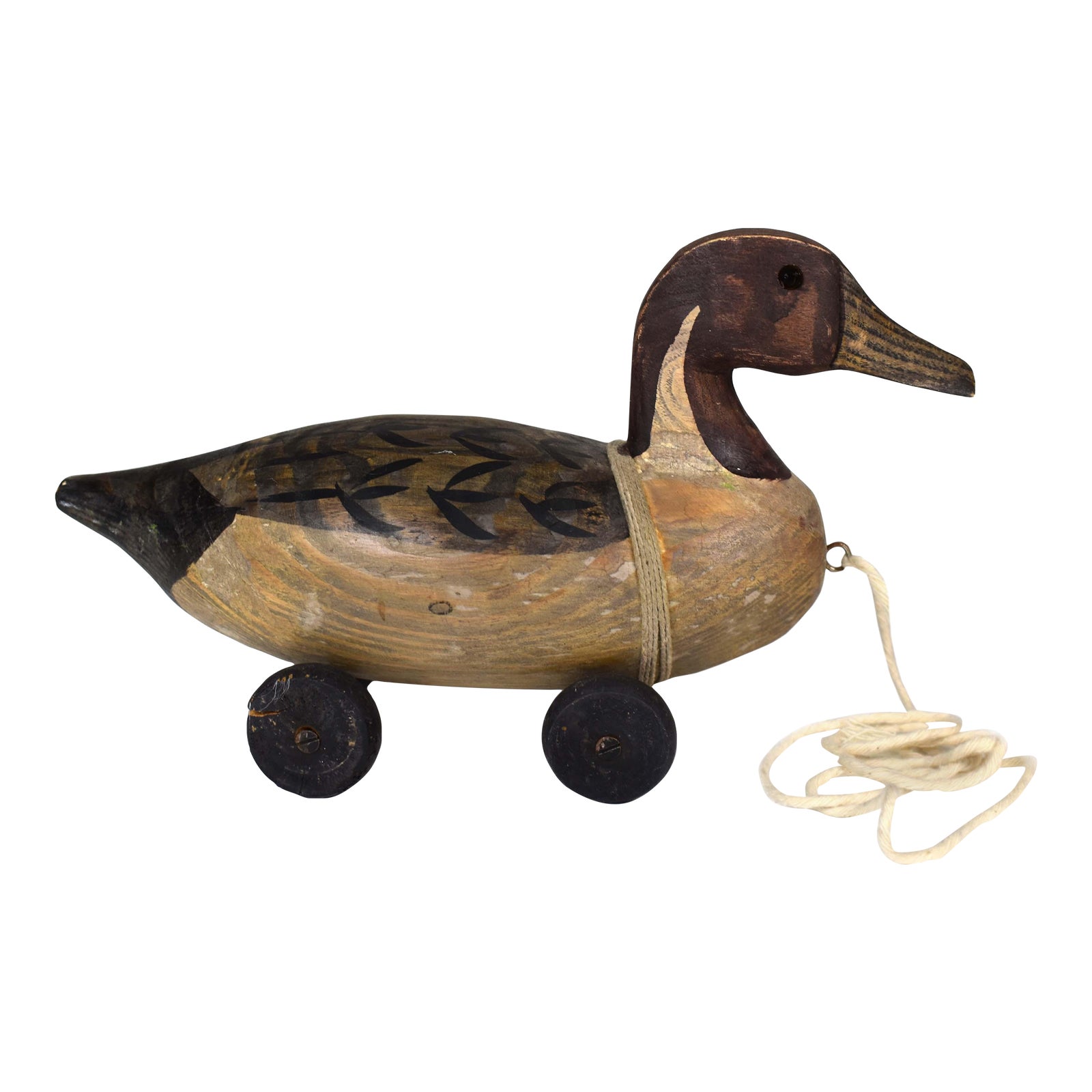 Vintage Wood Carved Painted Duck on Wheels Pull Toy | Chairish