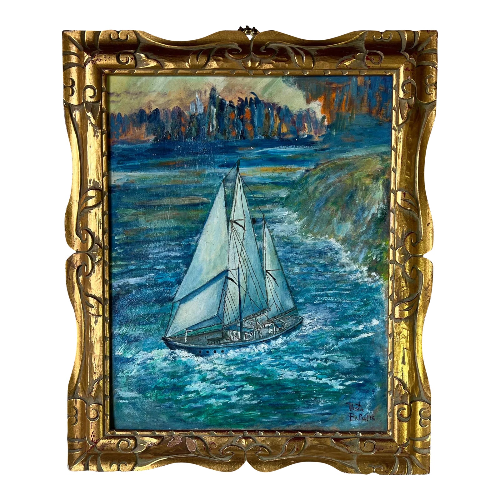 1960's Vintage Expressionist - Style Cityscape Boat Oil Painting ...