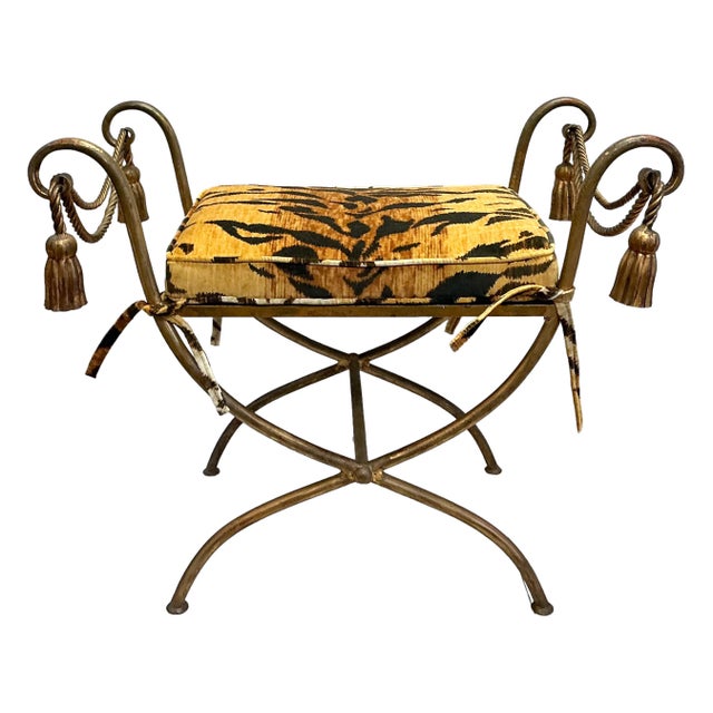 Mid-Century Neo-Classical Style Gilt Metal & Tiger Velvet Benches ...