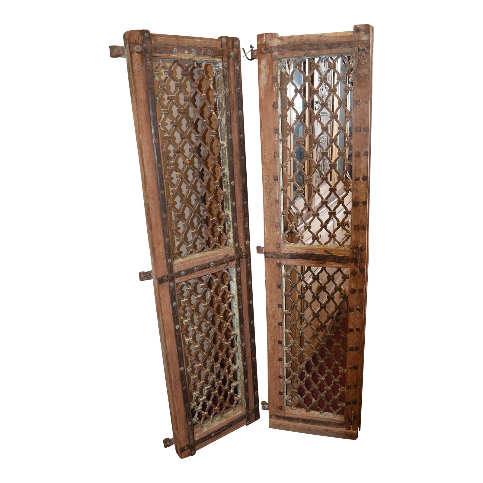Pair 1900s Gothic Medieval Heavy Wood & Iron Lattice Spanish / European ...