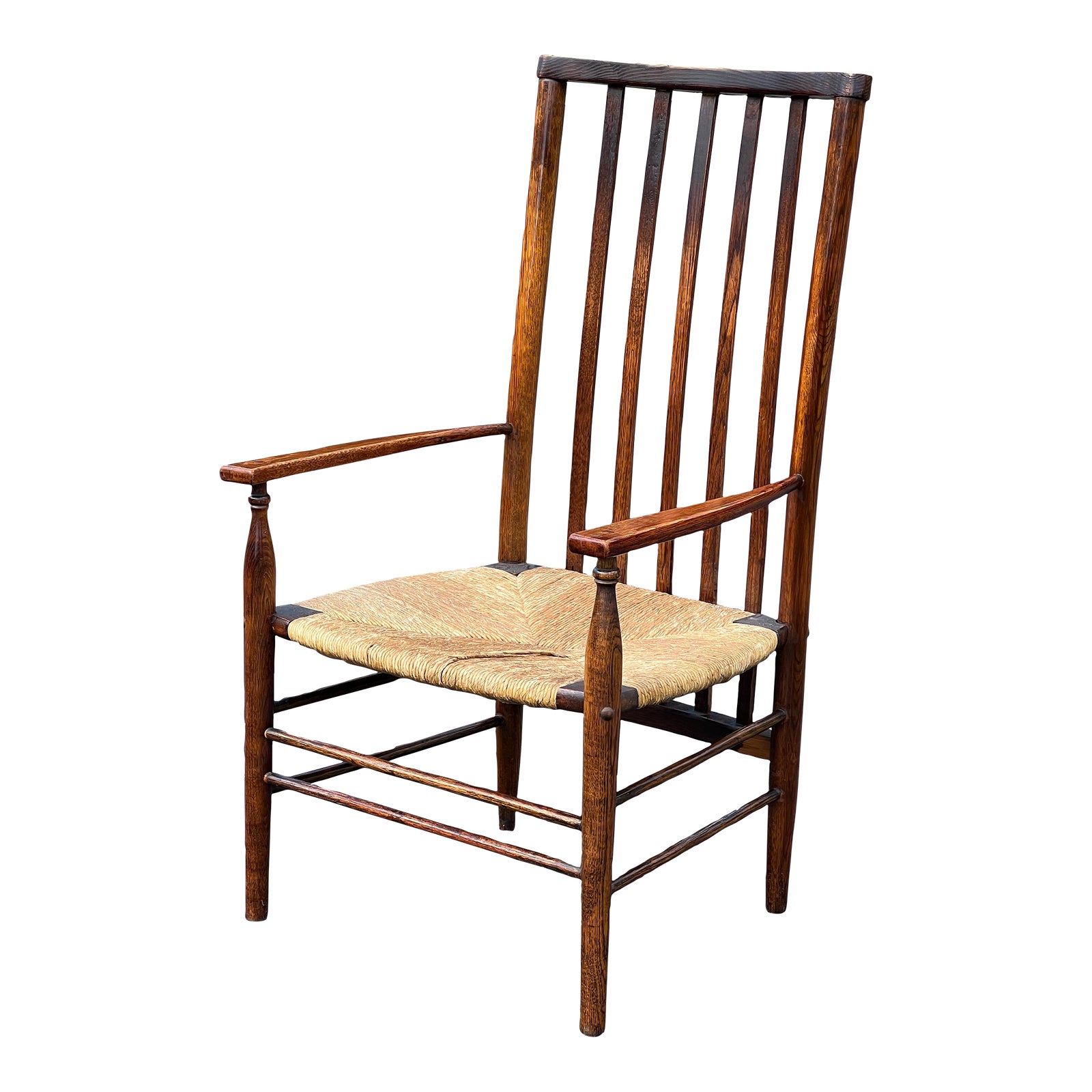 Antique Edwardian Oak Elbow Chair With Rush Seat, Circa 1910 | Chairish