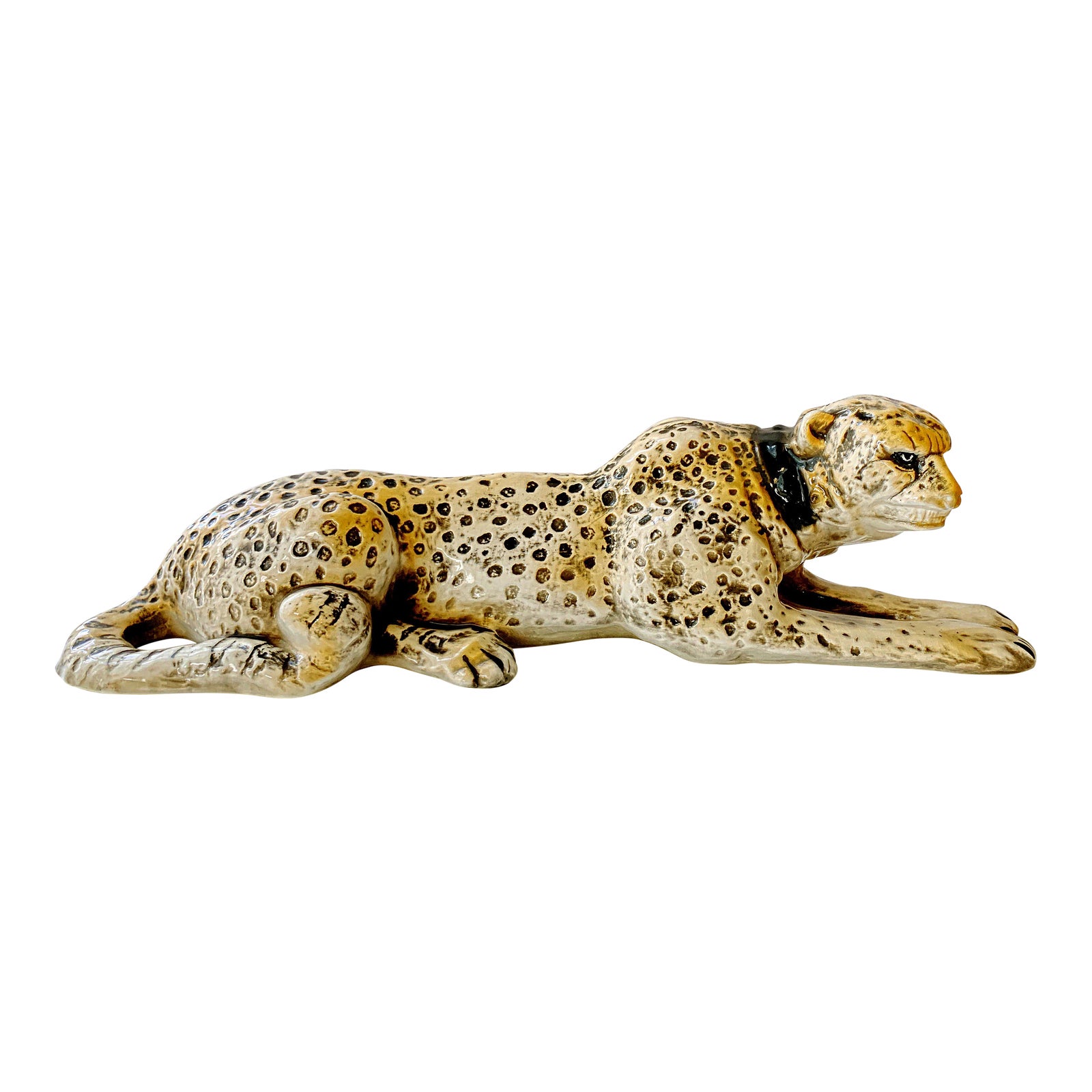 1970 Glazed Ceramic Lying Cheetah Leopard Sculpture | Chairish