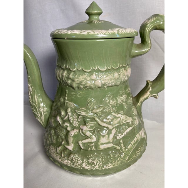 Vintage Green Raised Relief Pottery Ceramic Pitcher with Lid | Chairish