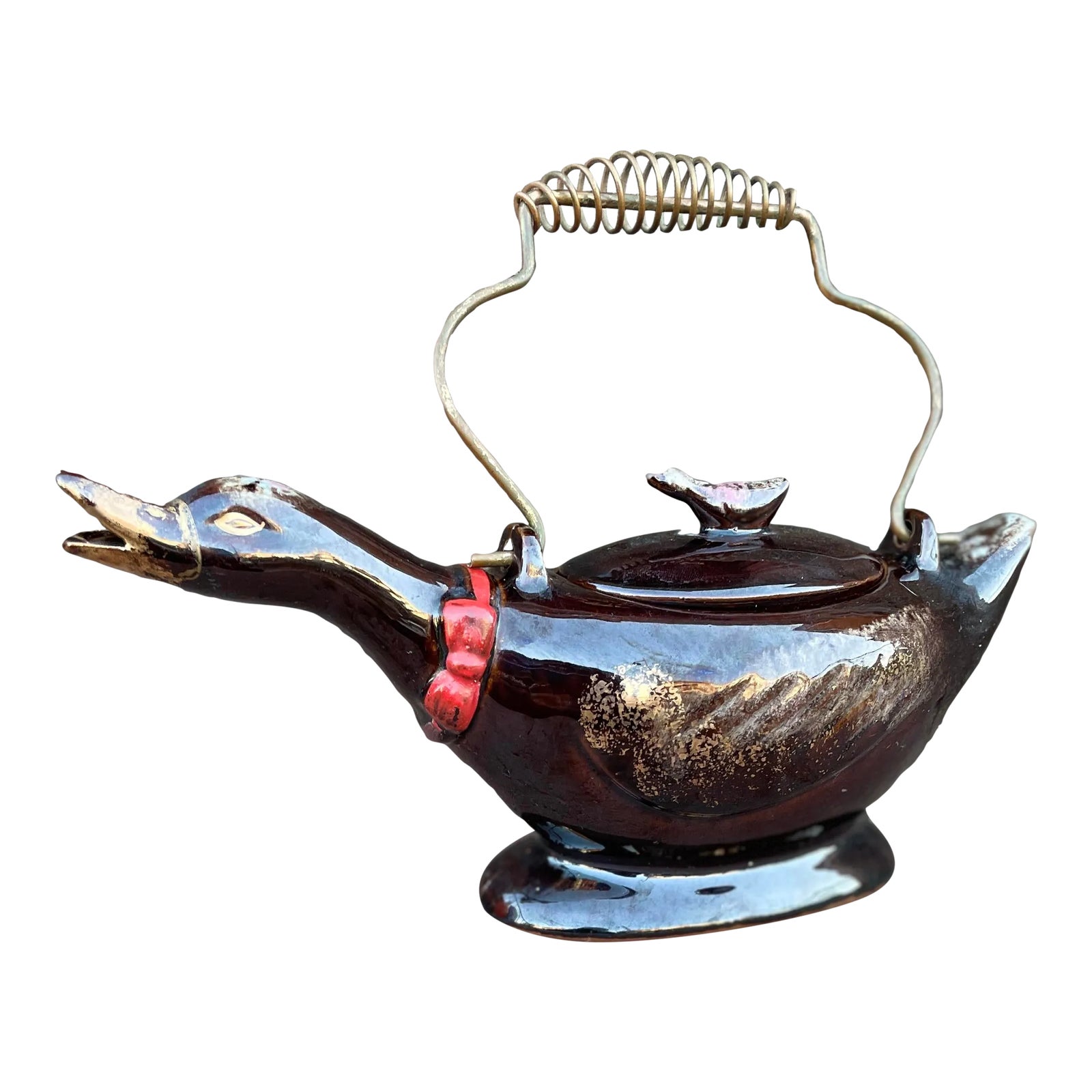 Antique Japanese Redware Goose Teapot With Brass Wire Handle | Chairish