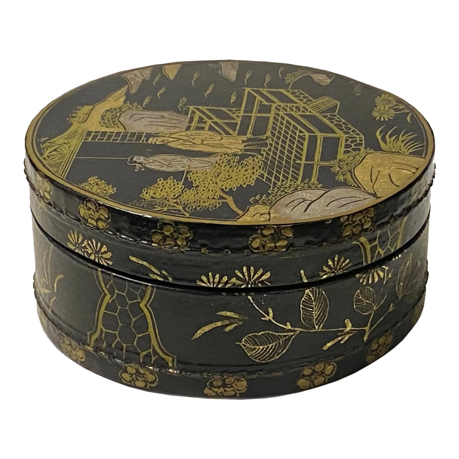 Chinese Black Lacquer Golden Graphic Round Display Box | Chairish