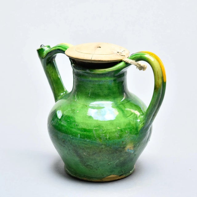 French Green Water Jug With Wooden Lid | Chairish