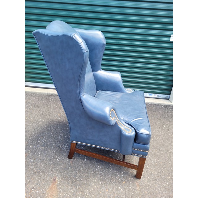 1980s Large Periwinkle Blue Leather Wing Chair | Chairish