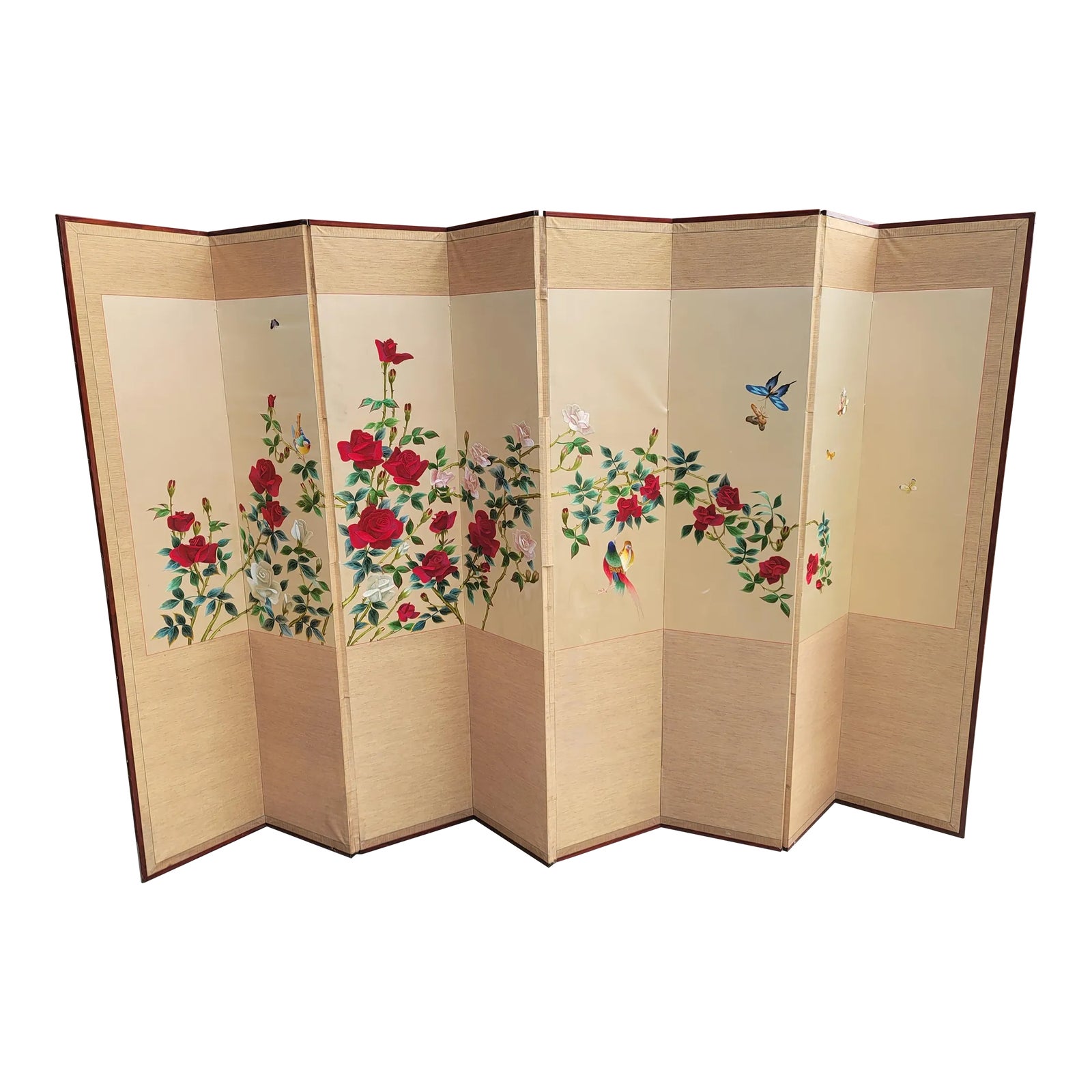 1950s Asian Eight-Panel Silk Embroidered Folding Floor Screen Room ...