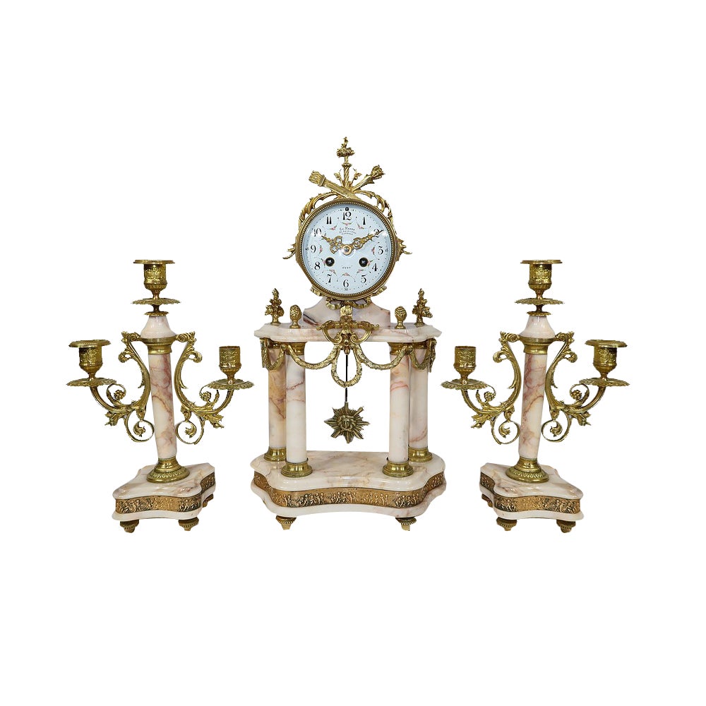 19th Century Louis XVI Style Marble and Bronze Chimney Clocks, Set of 3 ...