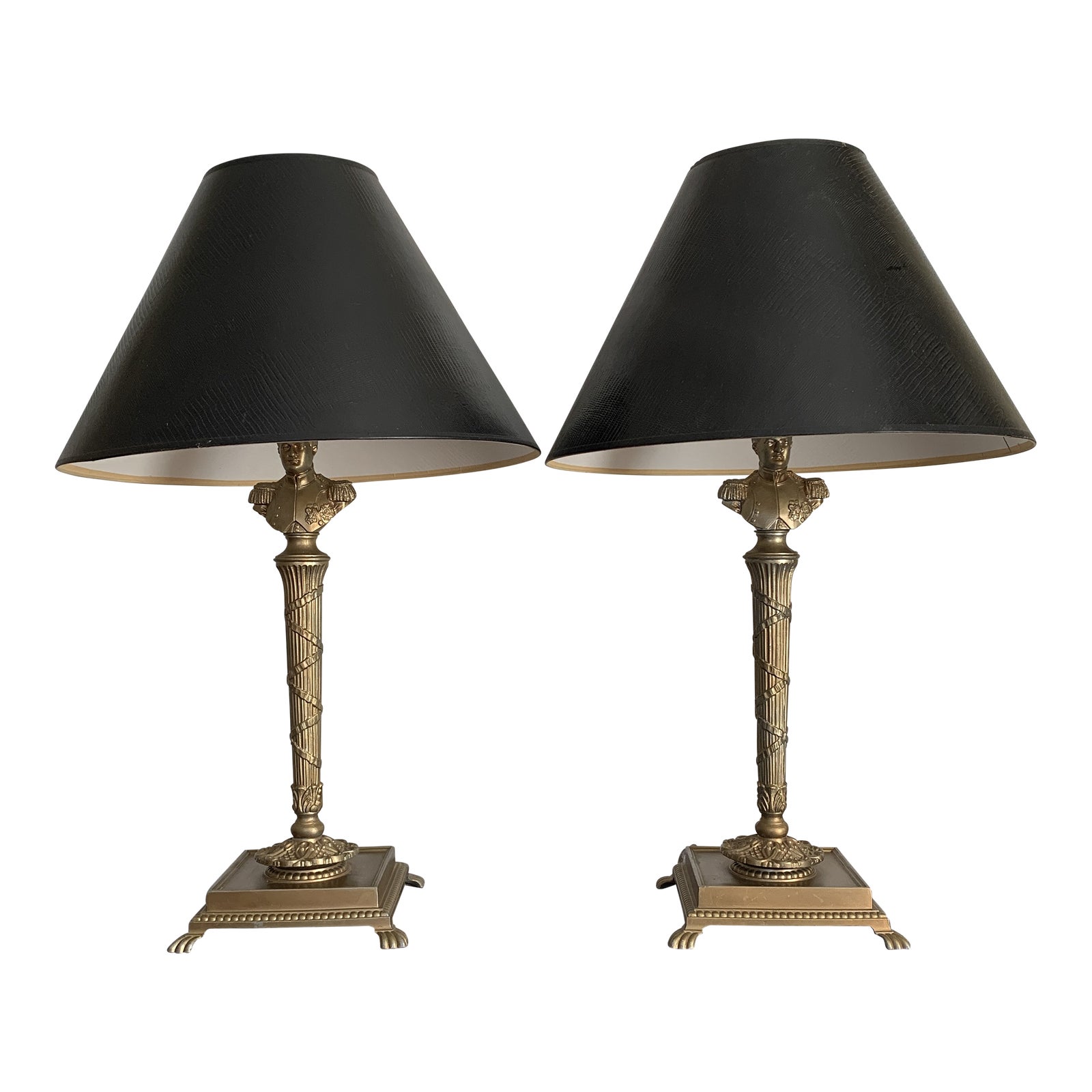 Mid 20th Century Military Figure Metal Lamps With Black Embossed Shades ...