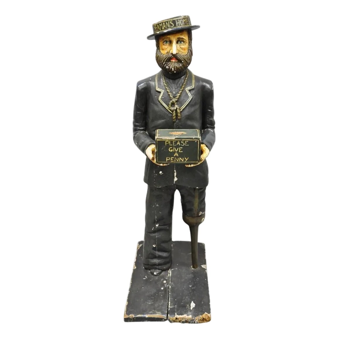 54" Tall Maritime Nautical Wood Peg Leg Seaman Bank Figure "Please Give ...