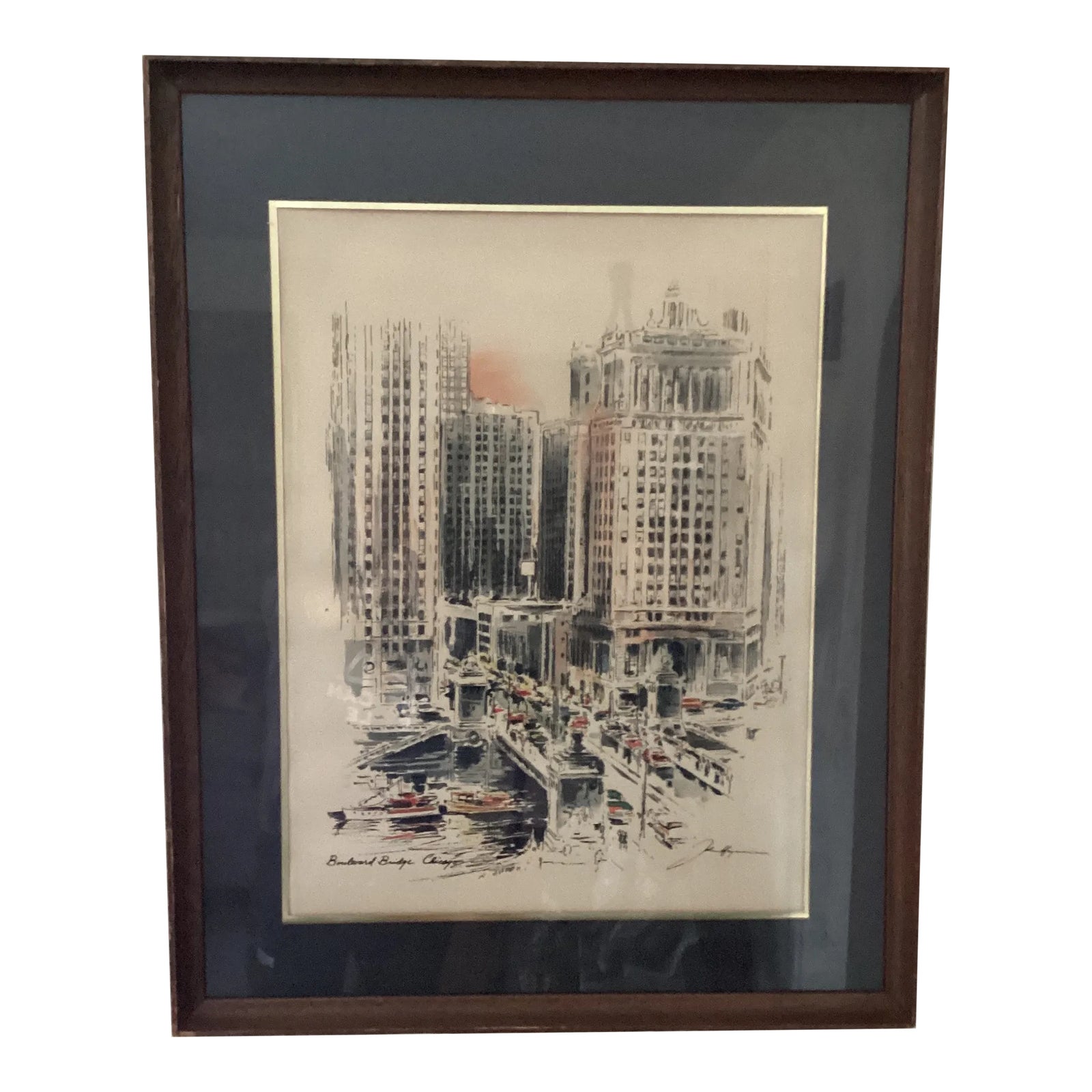 Vintage John Haymson Colored Lithograph Print "Boulevard Bridge Chicago ...