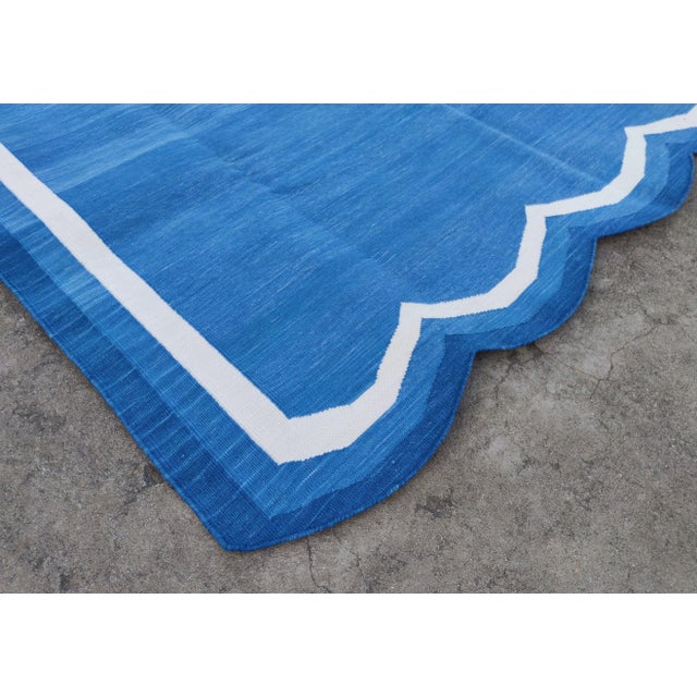 Handmade Cotton Vegetable Dyed Scalloped Edge Rug Blue With Cream and ...