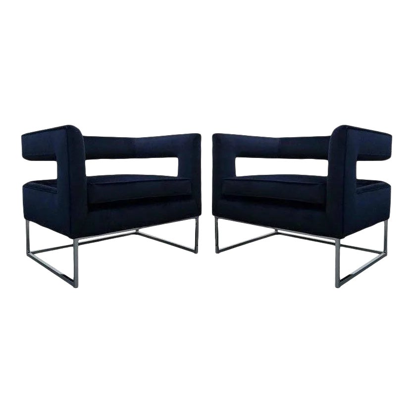 Minimalist Floating Back Cube Chairs in Blue Velvet - A Pair | Chairish