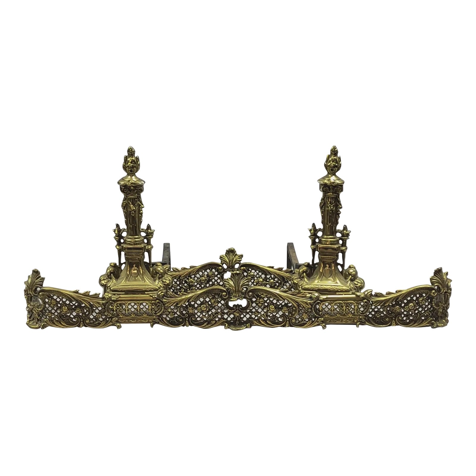 19th C. French Cast Brass Baroque Fireplace Andirons Chenets and Fender ...