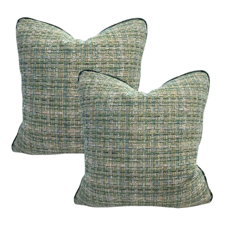 Set of 2 Textured Green Tweed Pillows With Crushed Velvet Back – 22 ...