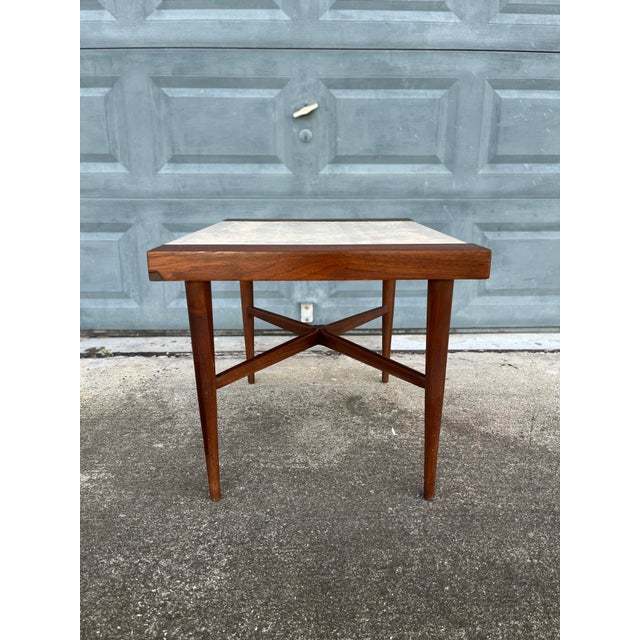 Italian Style Walnut and Travertine Stone Inset Side Table With Crossed ...