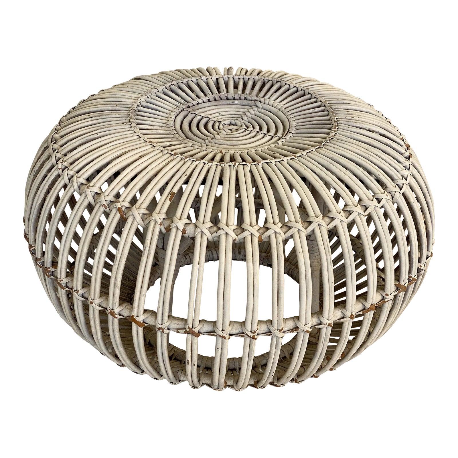 Vintage Coastal Cottage Albini Rattan Ottoman | Chairish