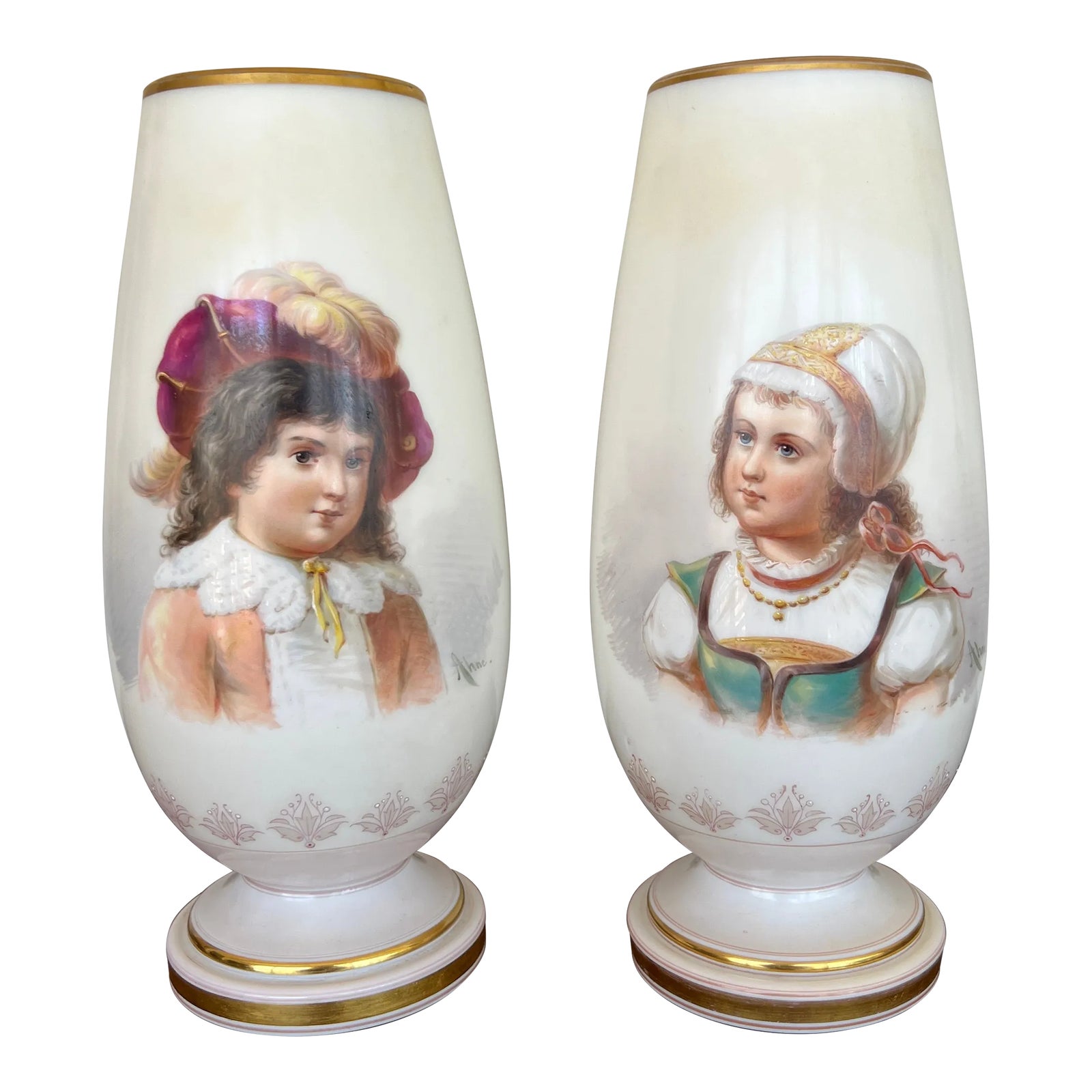 Pair, Antique Baccarat School Opaline Portrait Vases Hand Painted by ...