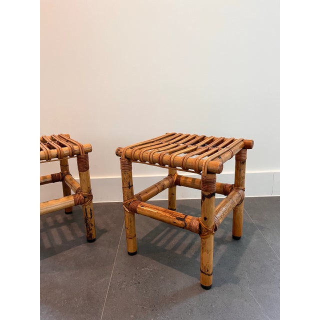 Vintage Rattan Wrapped Bamboo Square Stool | Chairish