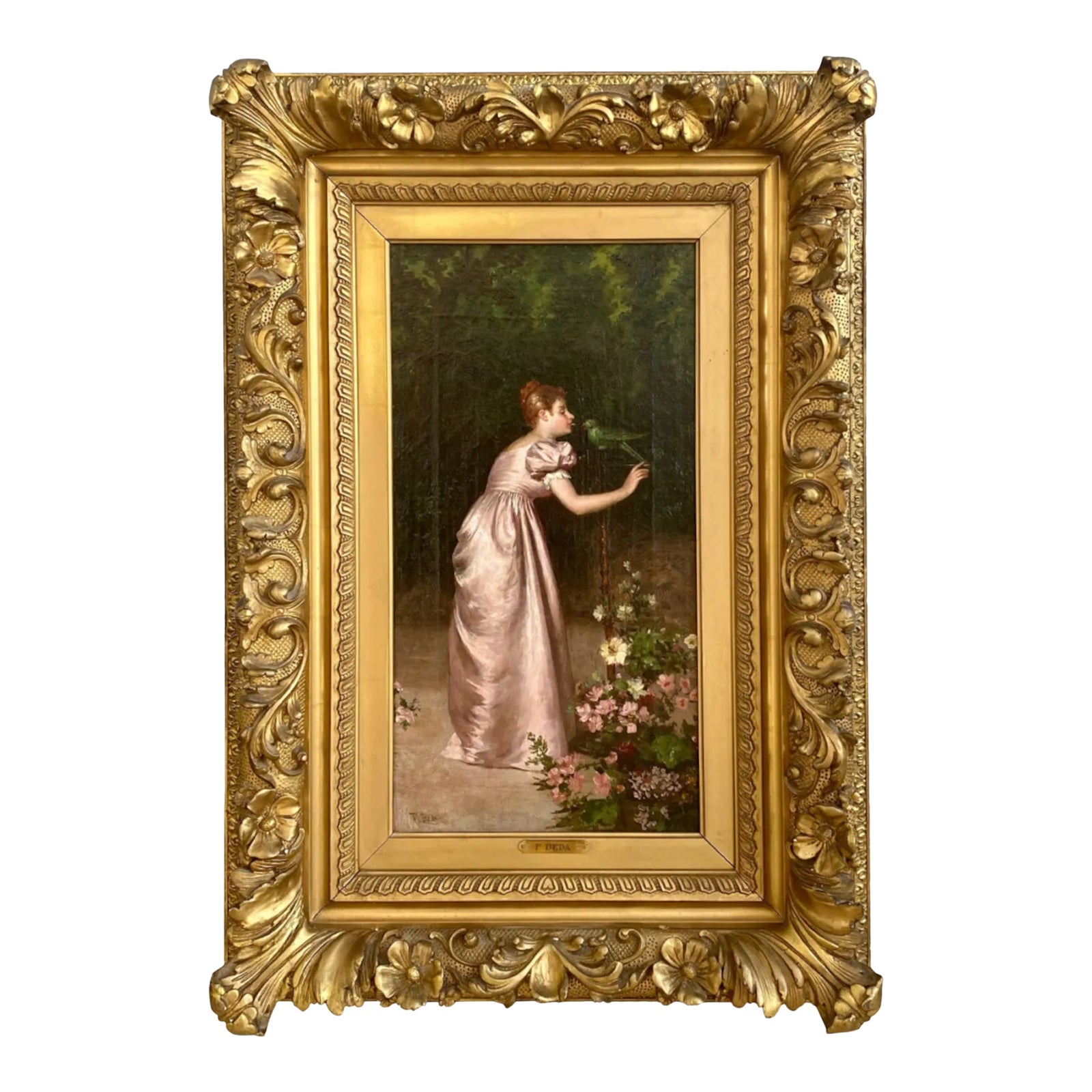 Francesco Beda, Italian. “Lady With Parrot", Oil Canvas 19th C. | Chairish