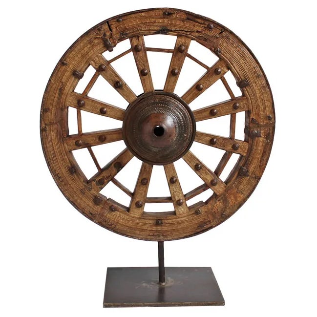 Large Ox Cart Wheel on Stand | Chairish
