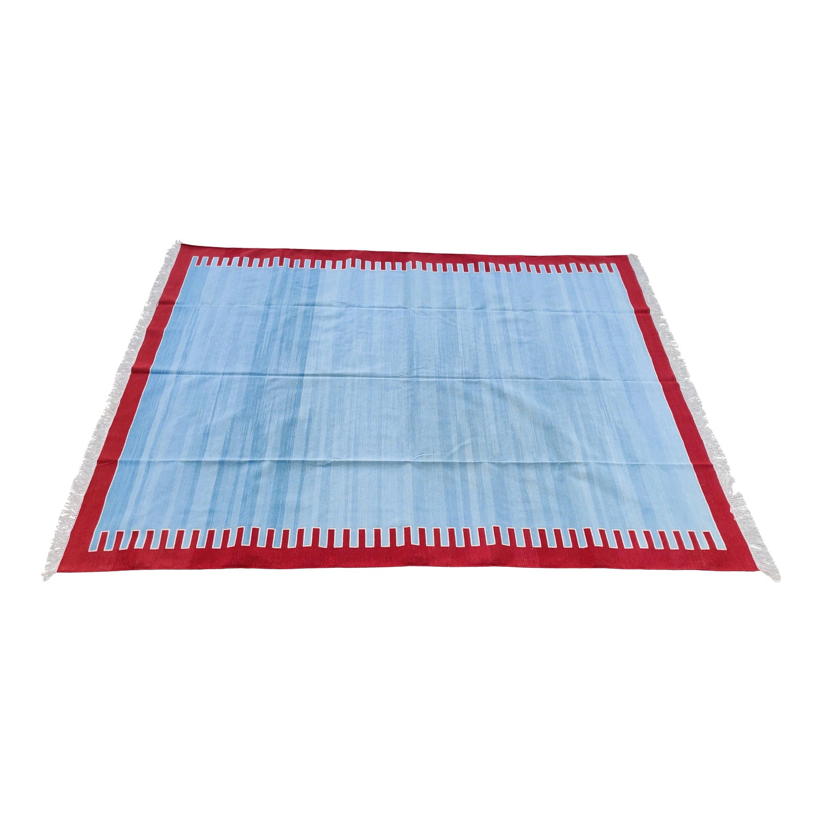 Handmade Cotton Zig Zag Pattern Rug, Sky Blue and Red Bordered 8'x10 ...