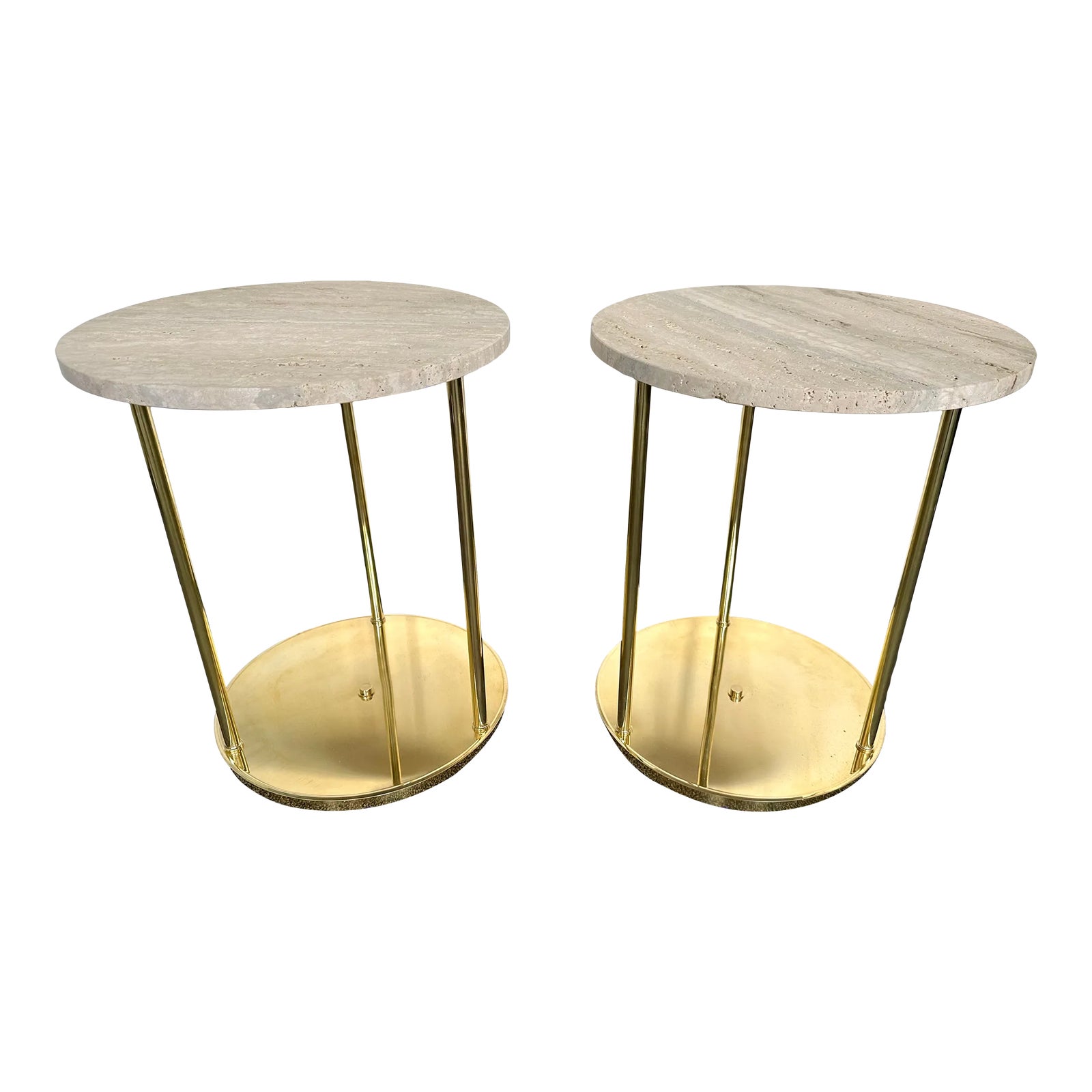 Contemporary Pair of Brass and Travertine Side Tables, Italy | Chairish