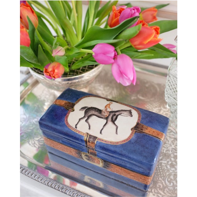 1980s Navy Blue and Brown Ceramic Box With Equestrain | Chairish