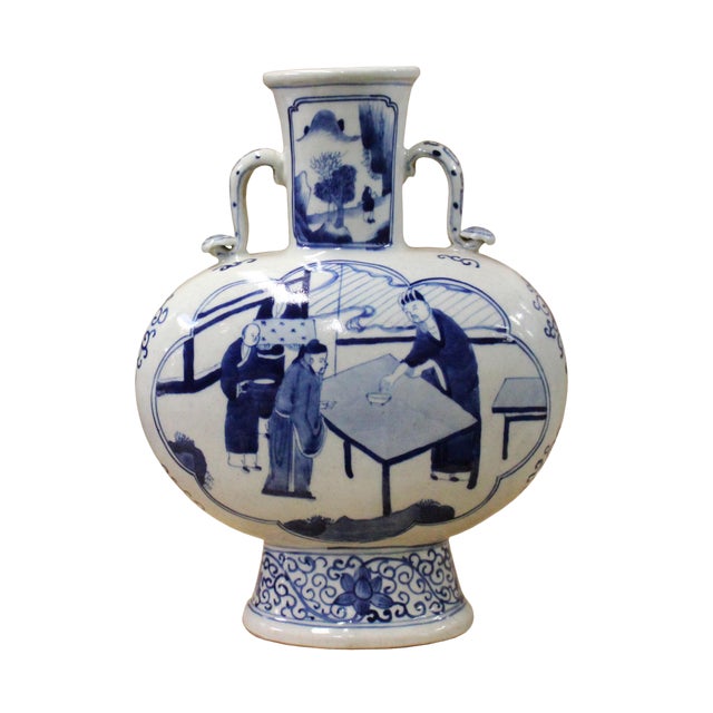 Chinese Blue White Porcelain People Graphic Oval Flat Body Vase | Chairish
