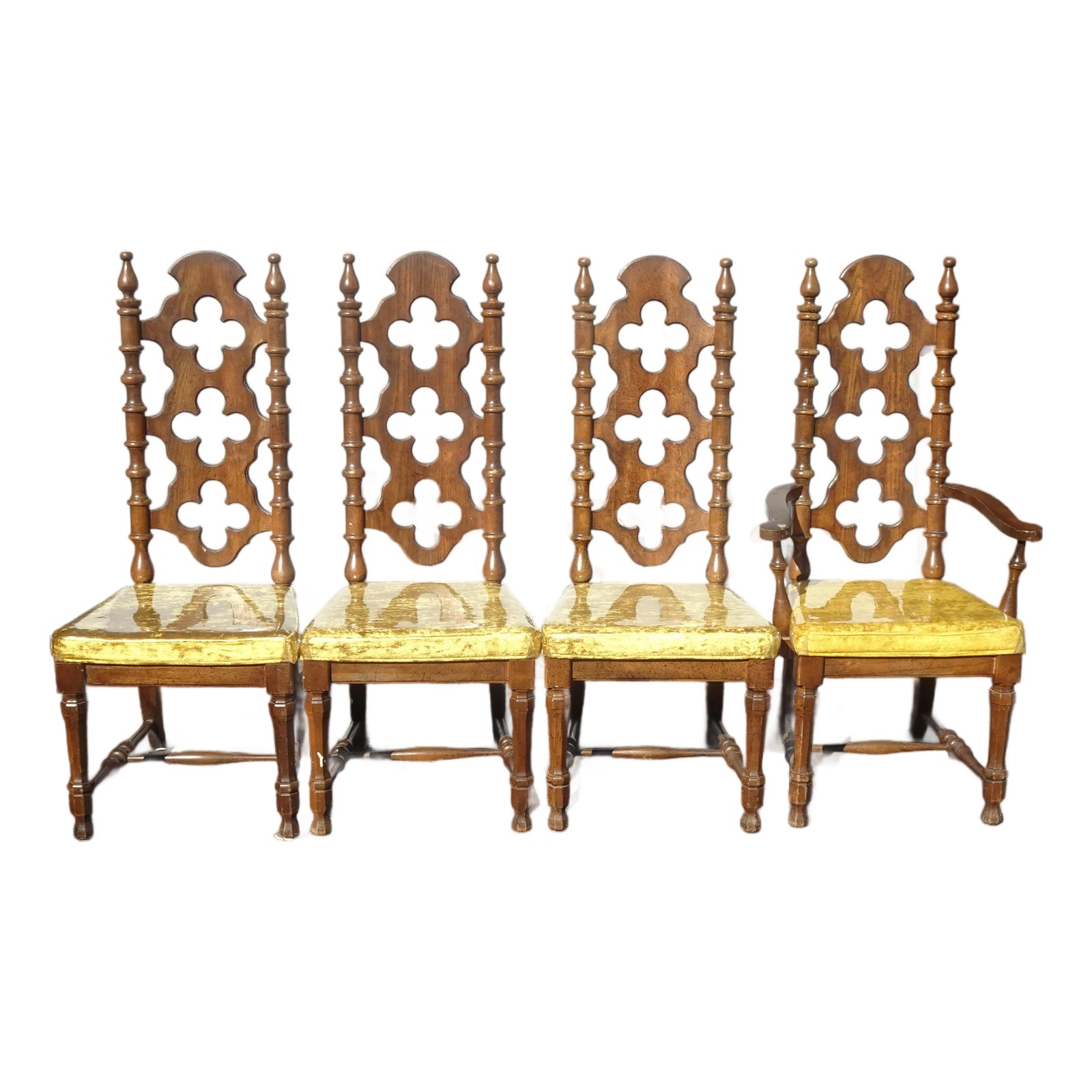 Set of Four Vintage Spanish Style Dining Chairs W Yellow Velvet | Chairish