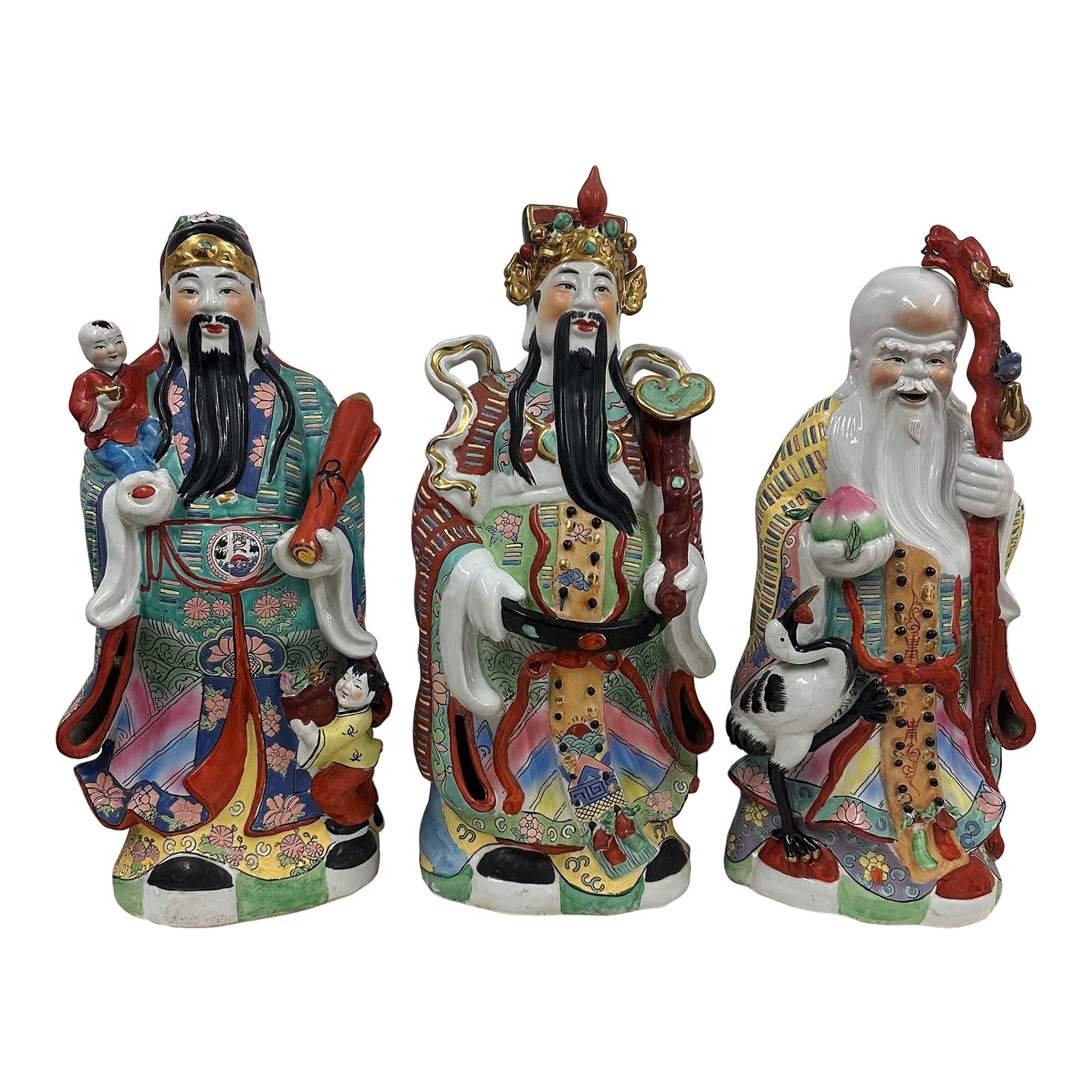 Huge Set of 3 Vintage Chinese Fu Lu Shou Feng Shui Trio Gods Figurines ...