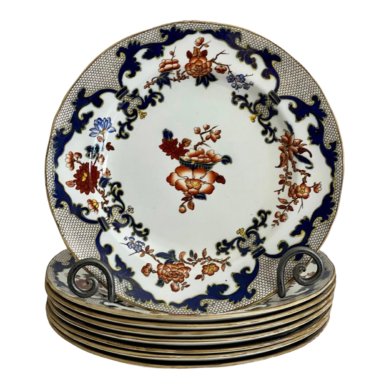 Set of 8 Antique Minton Imari Style Dinner Plates, 1910 | Chairish
