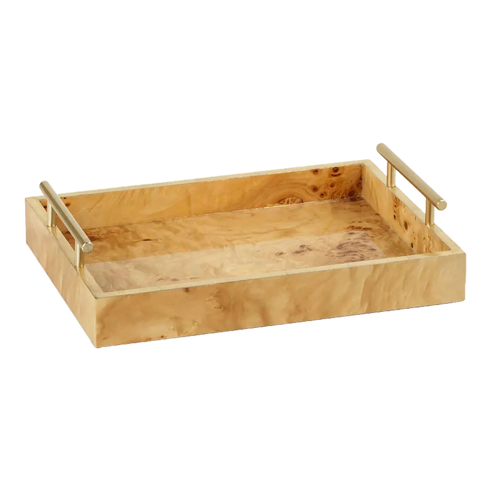 Leiden Burl Wood Rectangular Tray w/ Gld Handles 13" | Chairish