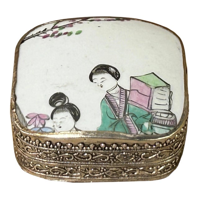 3.5" Chinese Old White Base Flower Lady Graphic Porcelain Art Pewter ...